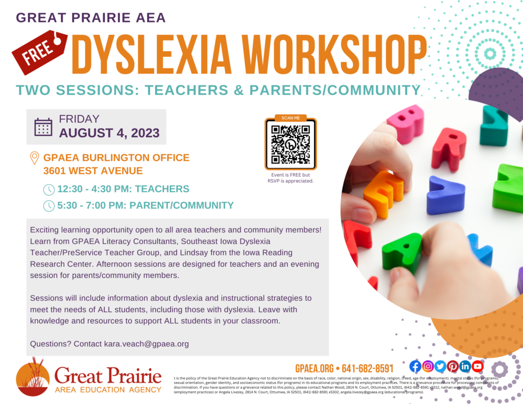 FREE Dyslexia Workshop on August 4 in Burlington - Great Prairie AEA